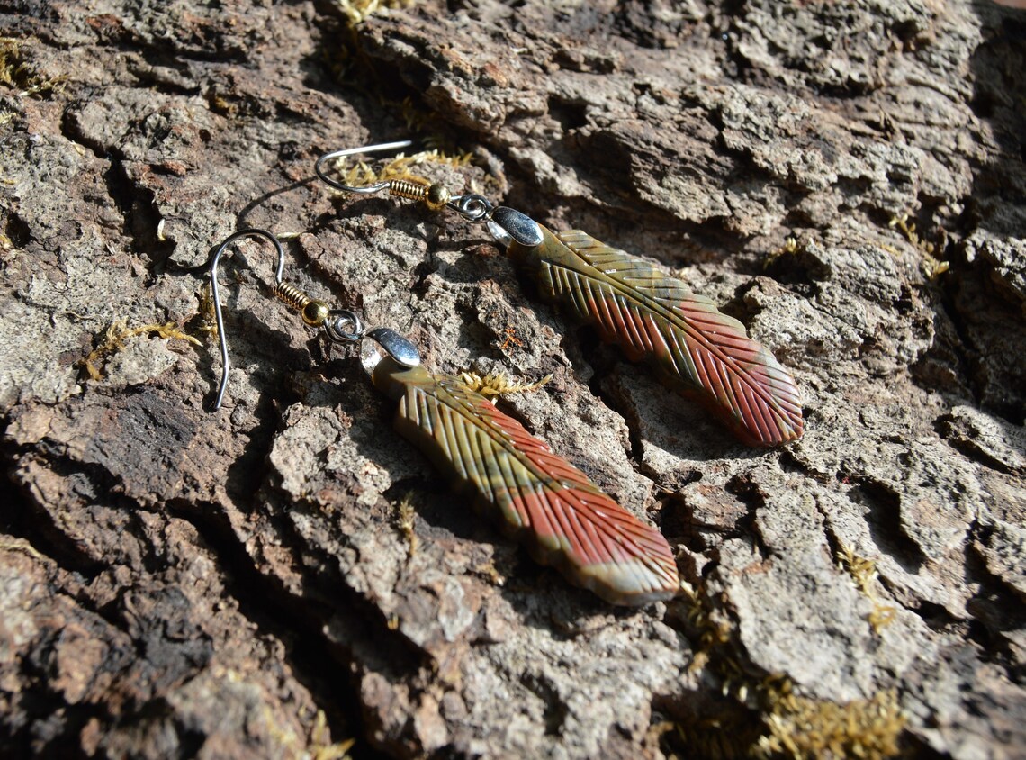 Natural Stone Feather Earrings Carved Picasso Jasper Stone - Etsy