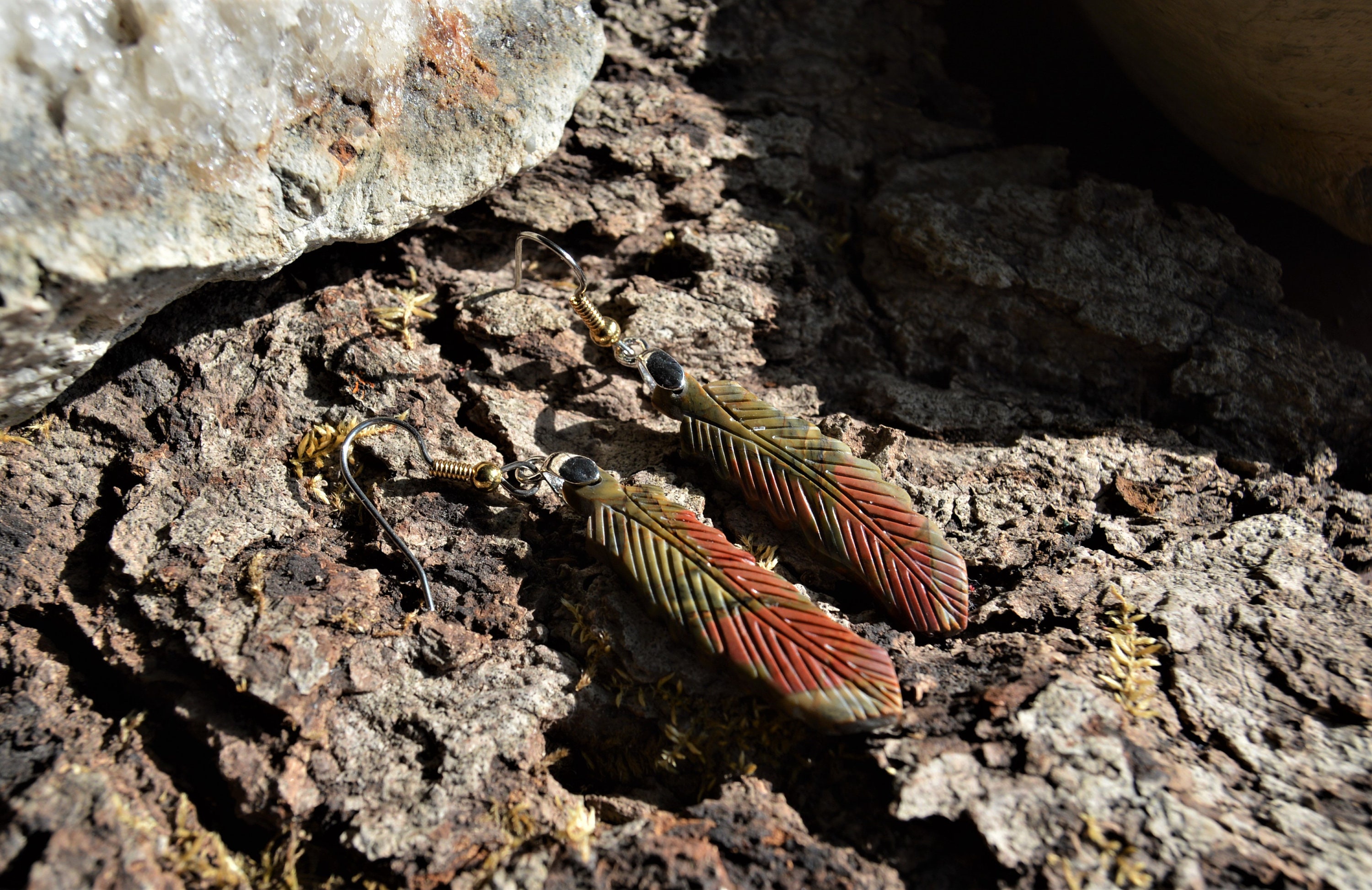 Natural Stone Feather Earrings Carved Picasso Jasper Stone - Etsy
