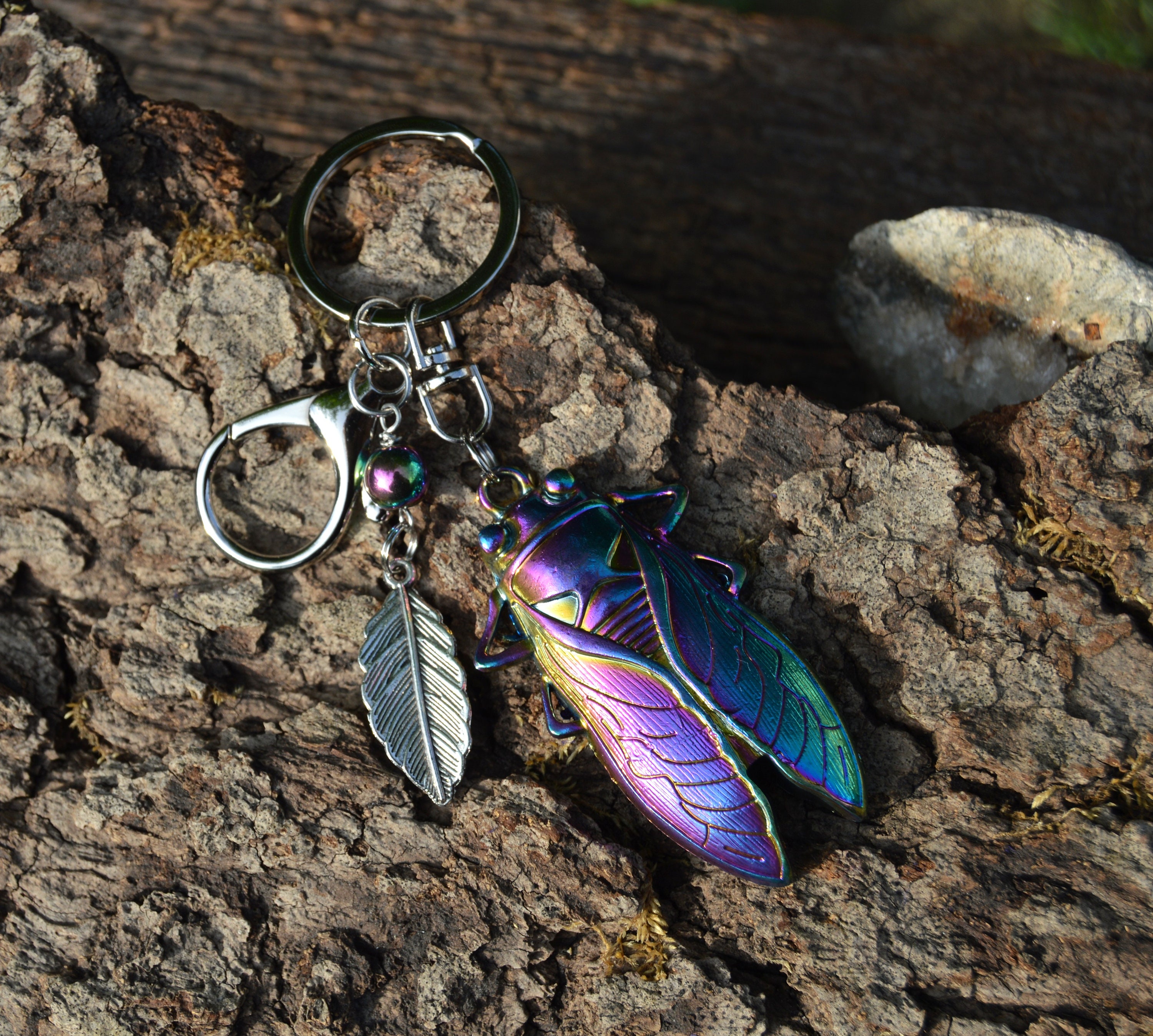 Cicada Keychain, Rainbow Metallic Insect Handbag Dangle, Bug Tote Charm ...