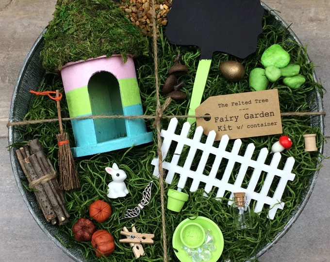 Fairy Garden Kit With Container DIY, Pink, Green & Blue Striped Round ...