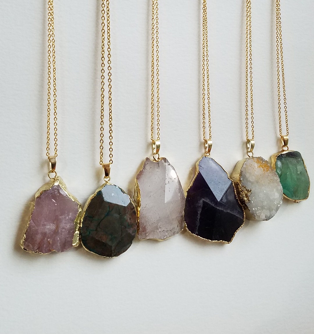 Raw Crystal Slice Necklace, Healing Crystals, Long Necklace, Bohemian ...