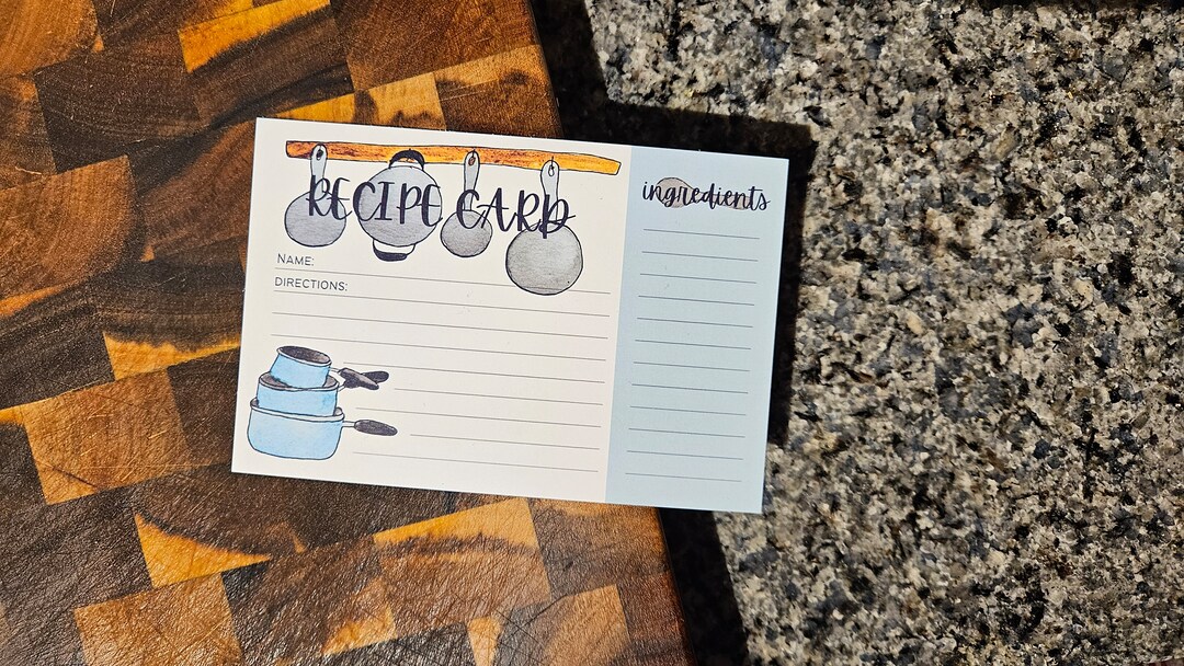 Blank Recipe Cards With Blue Watercolor Pots & Pans Artwork | Pack of ...