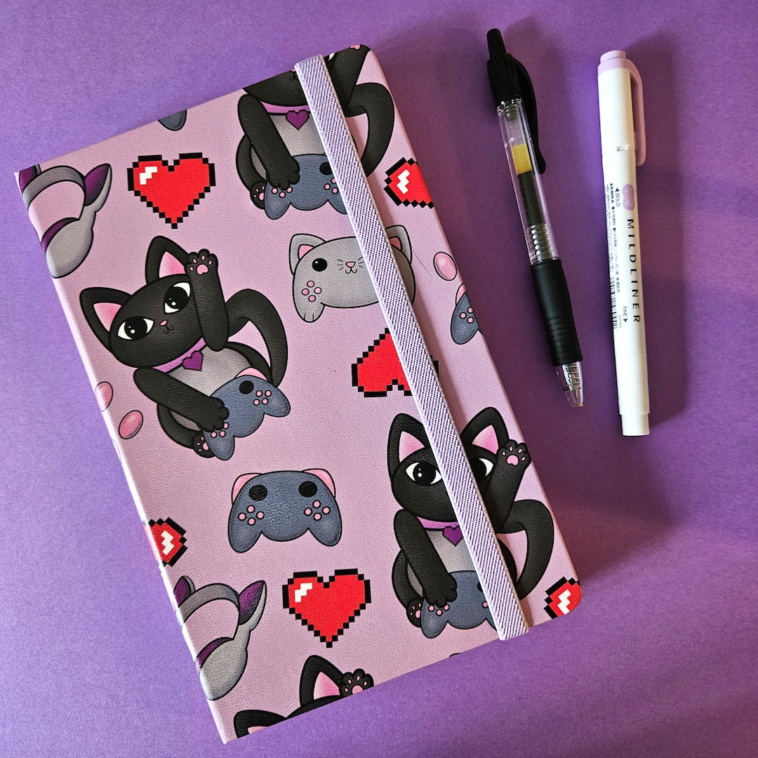 Gamer Cat Video Game Themed A5 Dot Grid Leatherette Notebook | Bullet ...