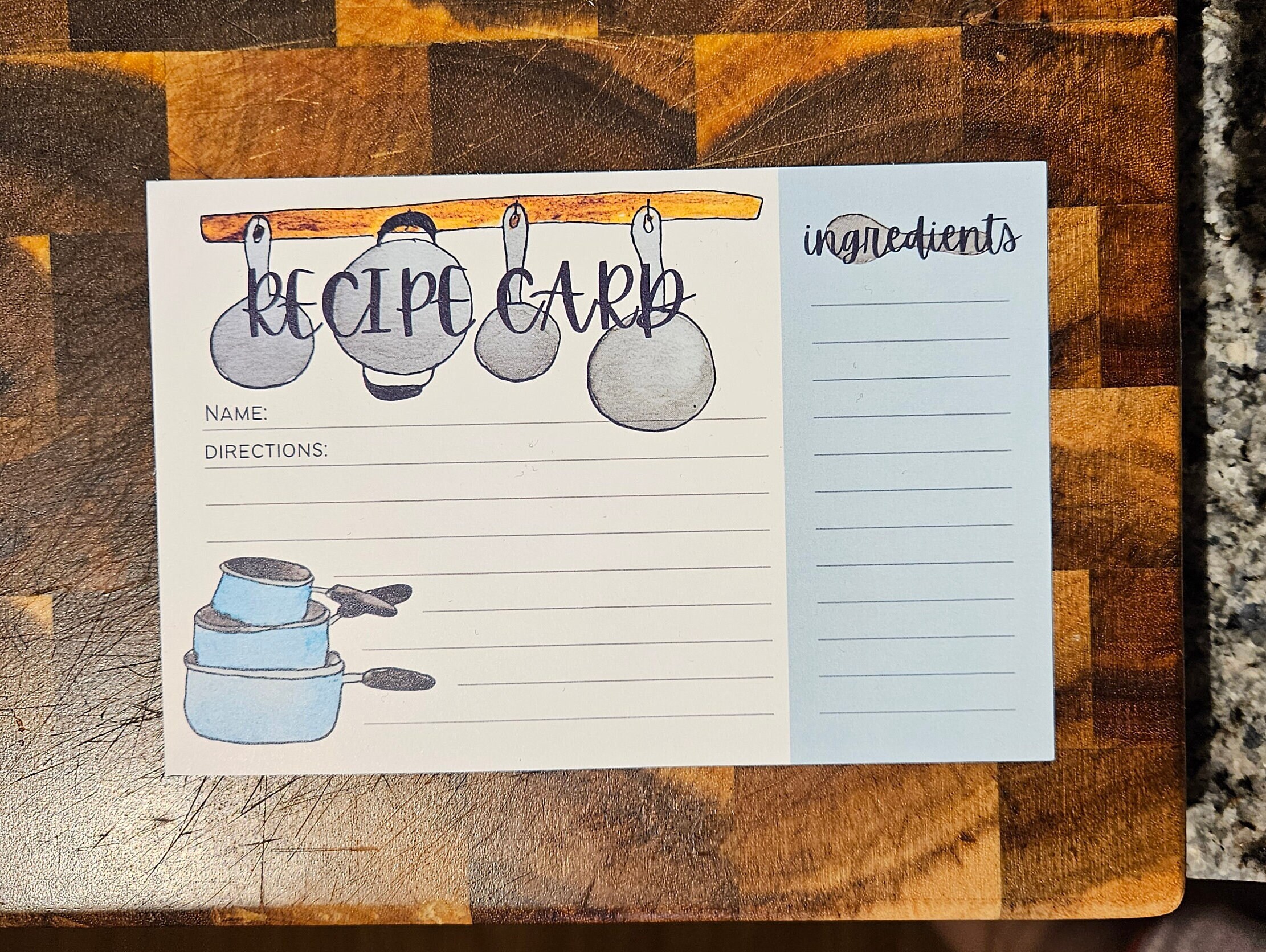 Blank Recipe Cards With Blue Watercolor Pots & Pans Artwork | Pack of ...