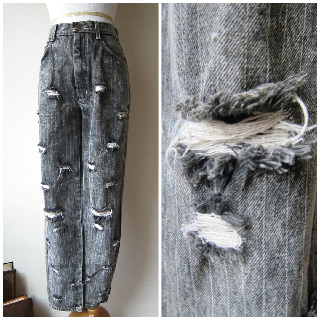 80s Black Acid Washed, Ripped & Frayed Distressed High-waisted Jeans ...