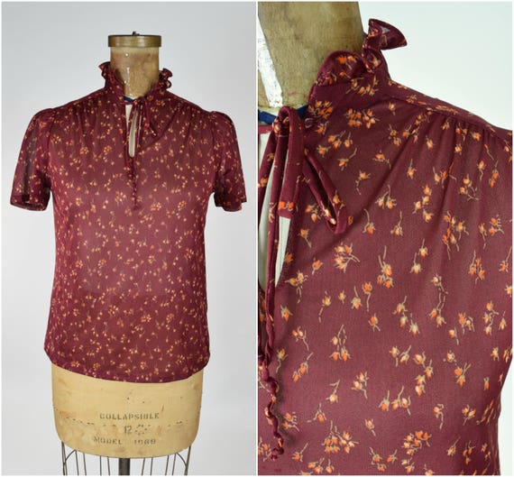 70s Sheer Rust Floral Print Shirt // Ruffle High Coll… - Gem
