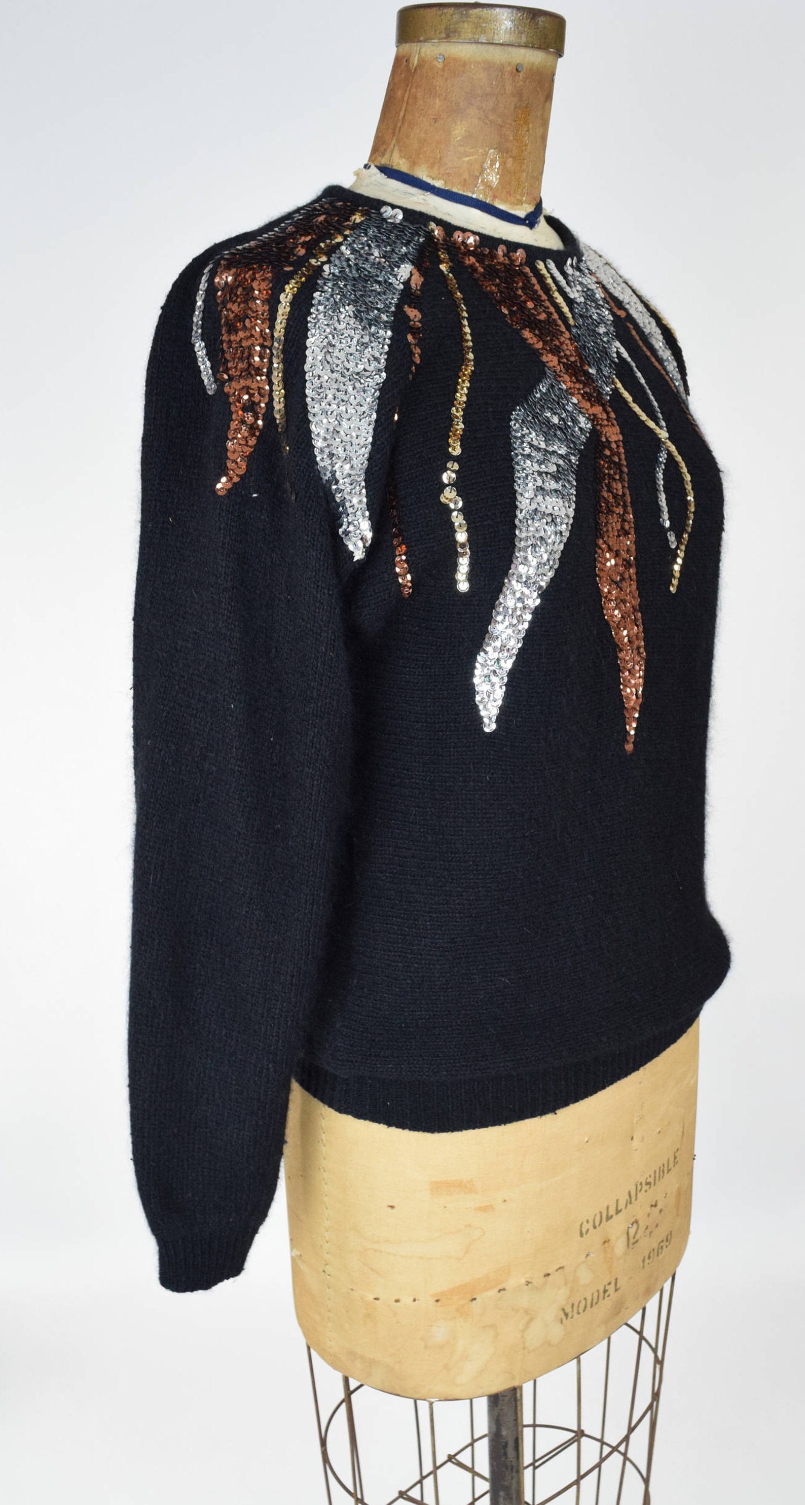 80s Black Sweater W Gold Silver Copper Sequin // Silk Angora - Etsy
