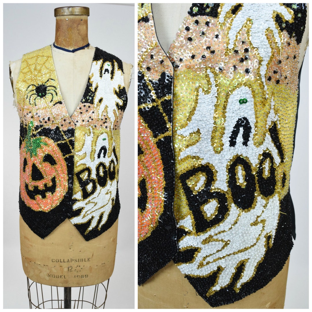 Halloween Sequin & Beaded Vest // Ghosts, Spiders, Jack O Lanterns ...