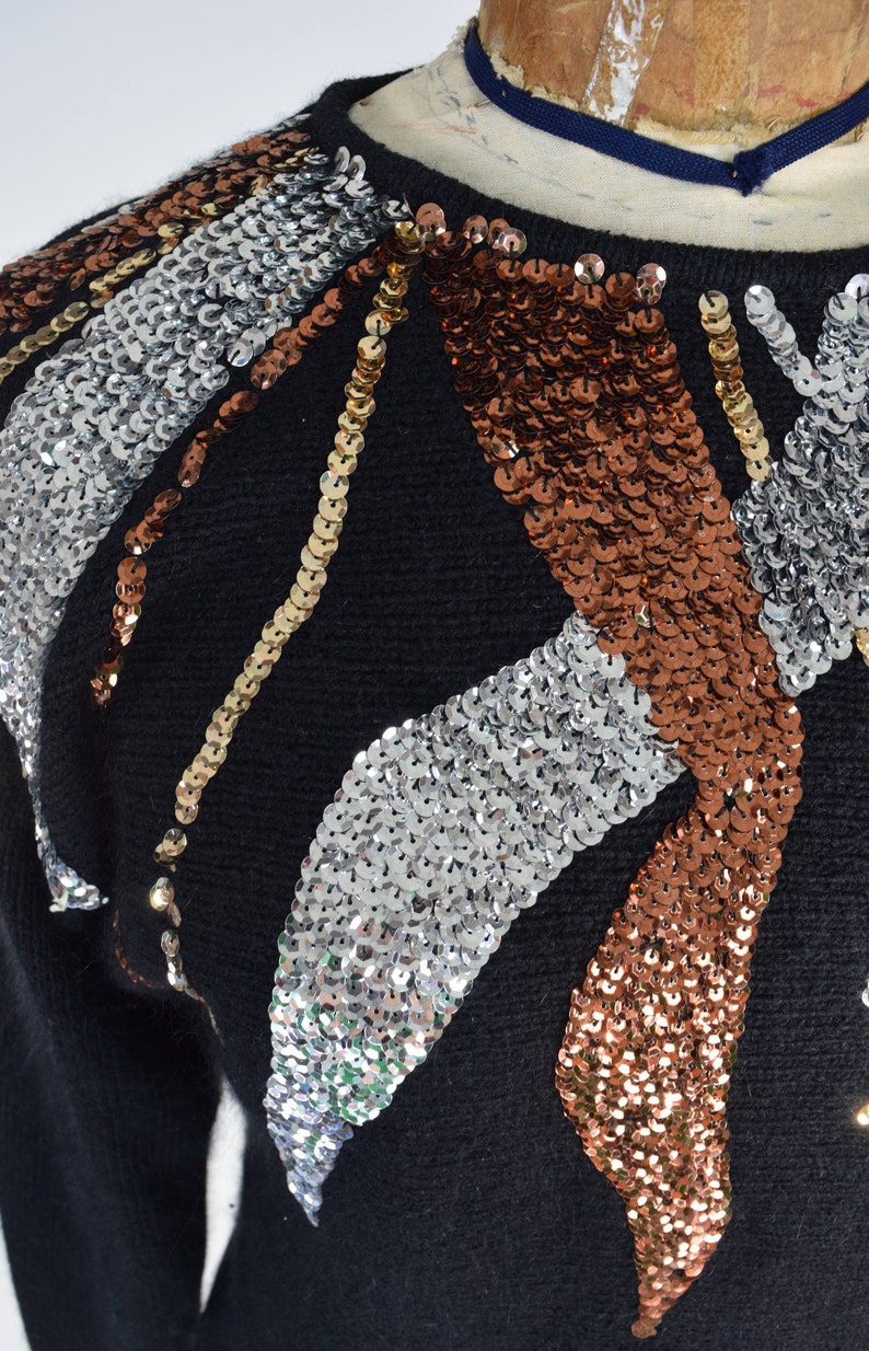 80s Black Sweater W Gold Silver Copper Sequin // Silk Angora - Etsy