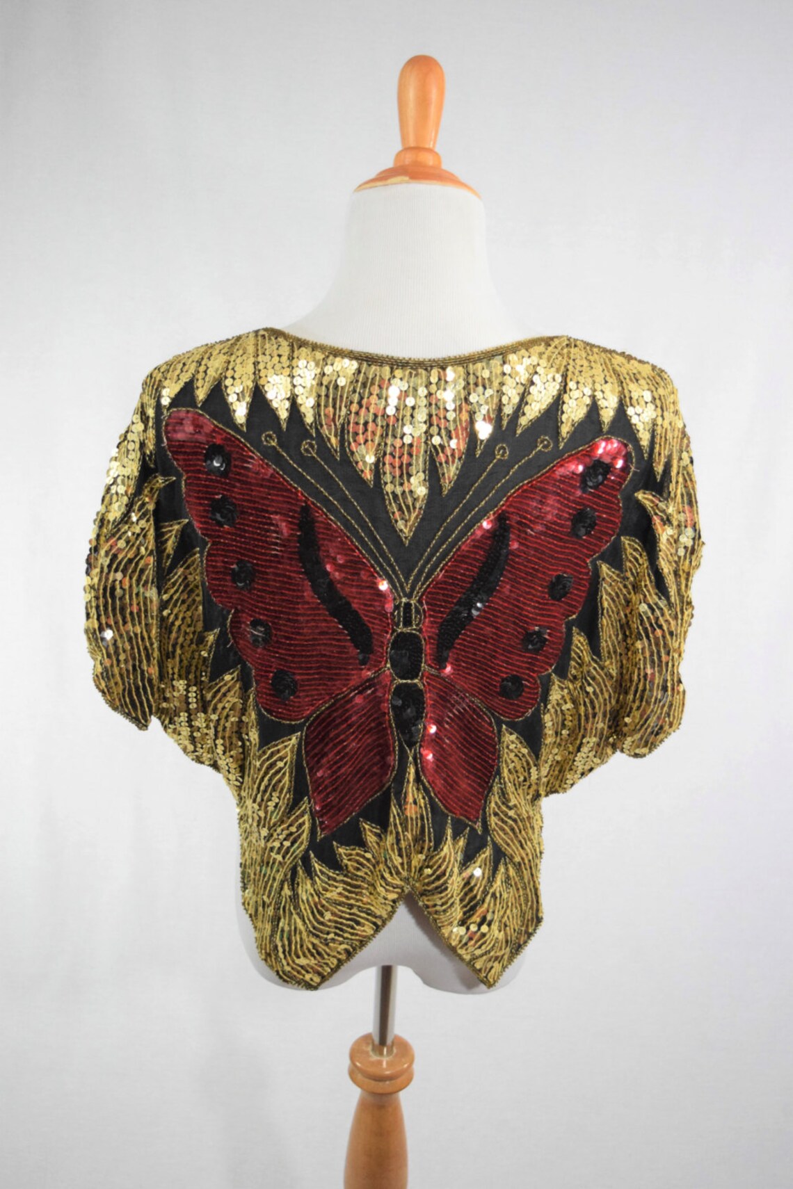 80s Butterfly Sequin Top // Black, Gold, Red // Batwing Shape, V-neck ...