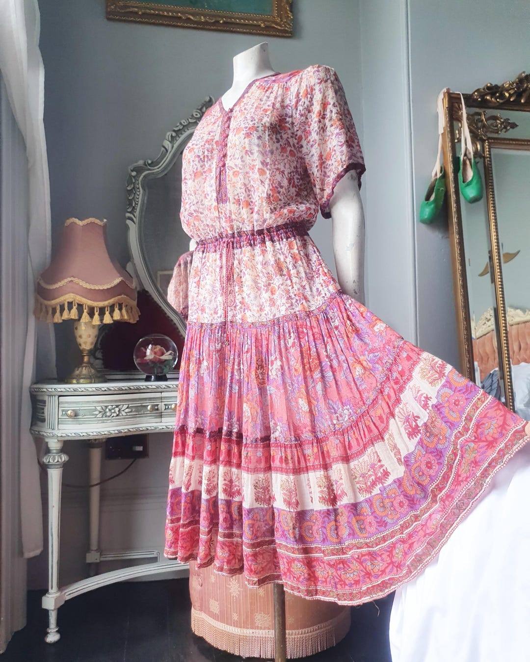 Stunning Indian Cotton 1970s Maybe Later Pink Cream Floral Drawstring ...