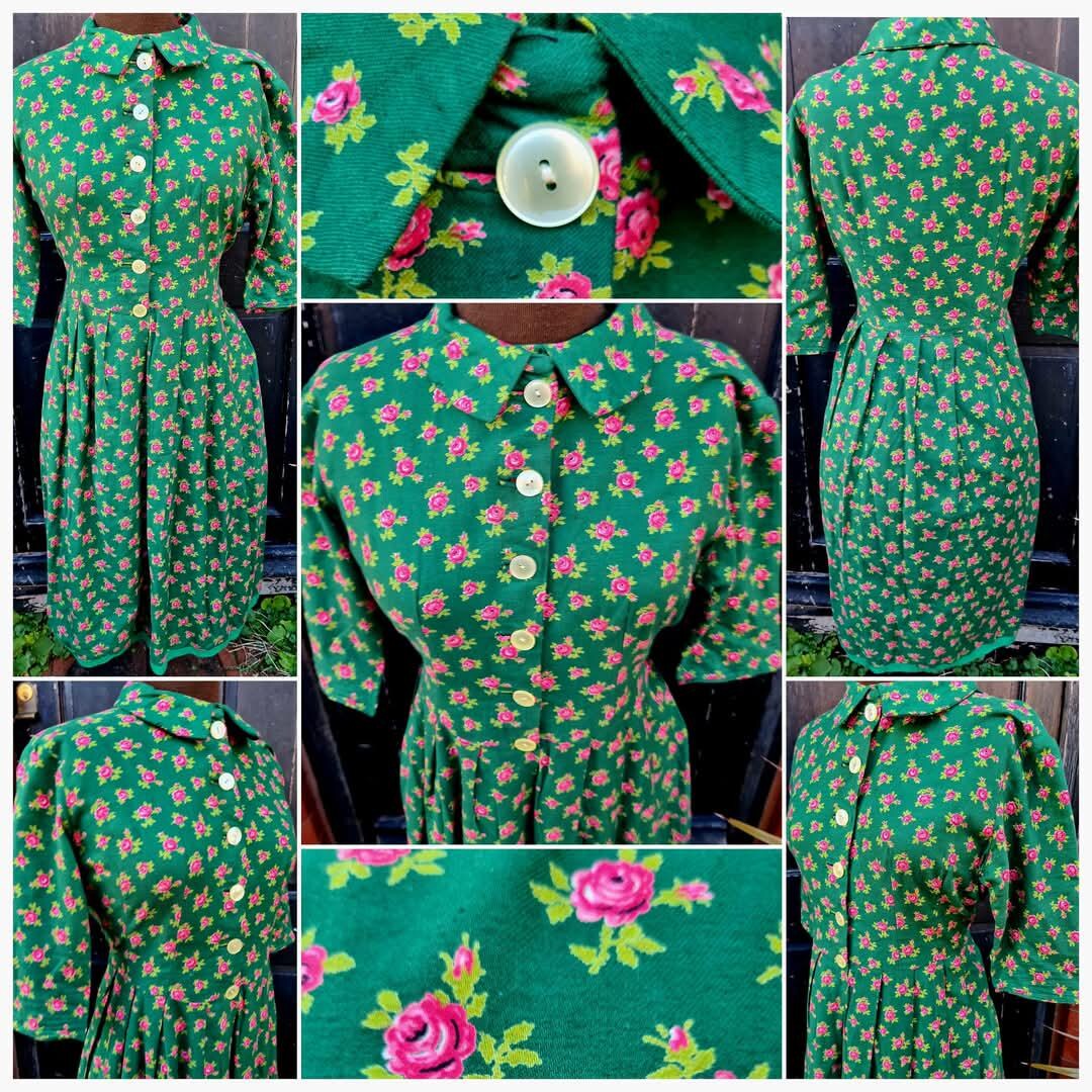 Original 1940s/50s VOLUP Green and Pink Floral Brushed Cotton Dress! - Etsy