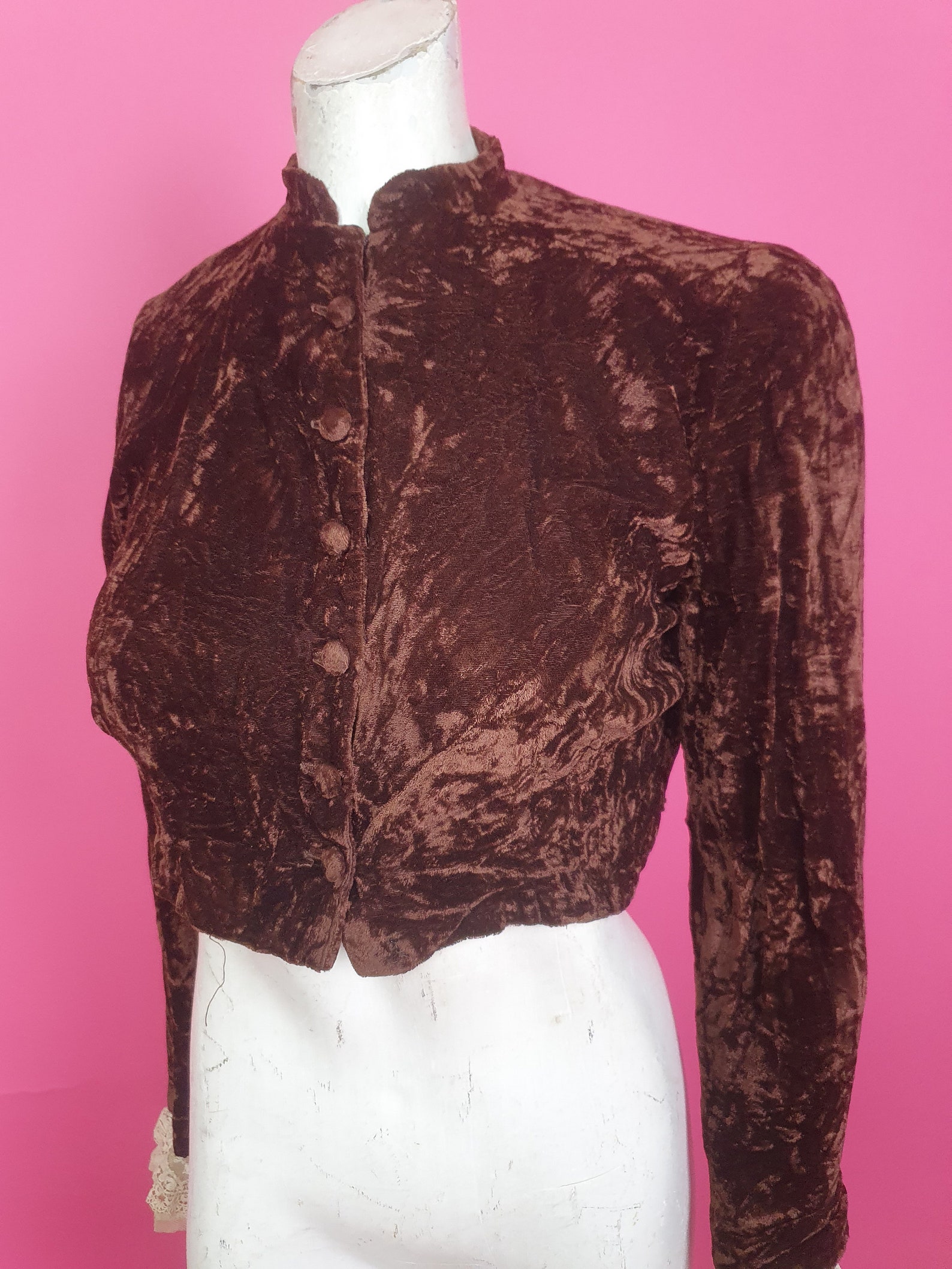 Stylish 1930s or Earlier Brown Velvet Lace Bodice Front Button ...