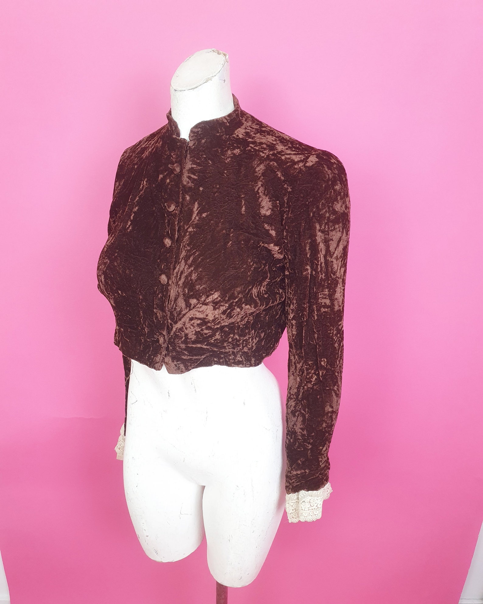 Stylish 1930s or Earlier Brown Velvet Lace Bodice Front Button ...