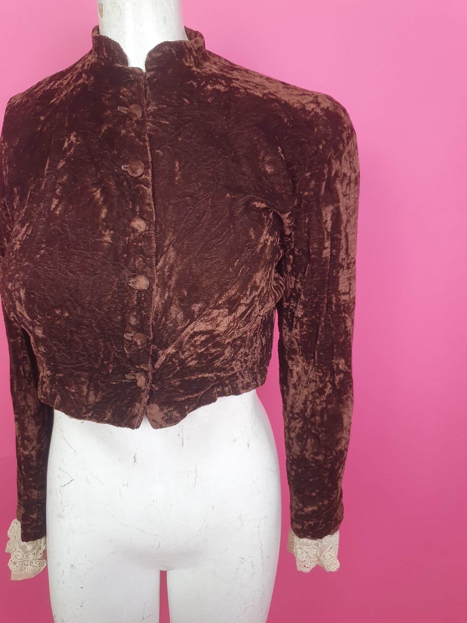 Stylish 1930s or Earlier Brown Velvet Lace Bodice Front Button ...