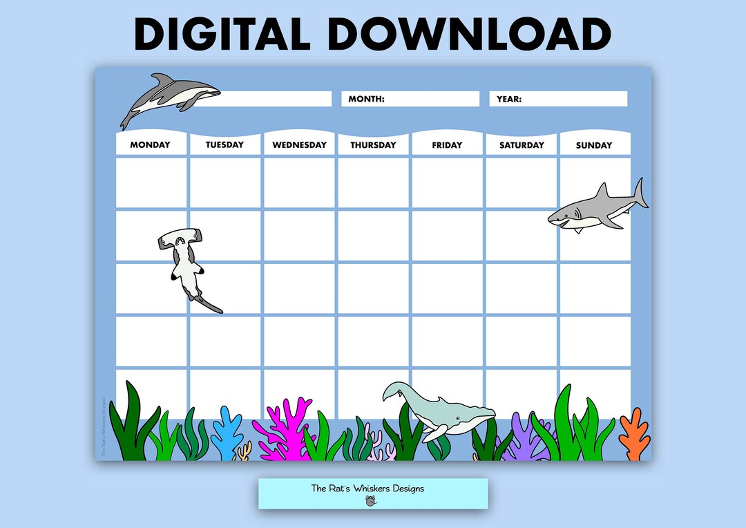 Whale, Dolphin and Shark Themed Monthly Planner- Printable - Etsy