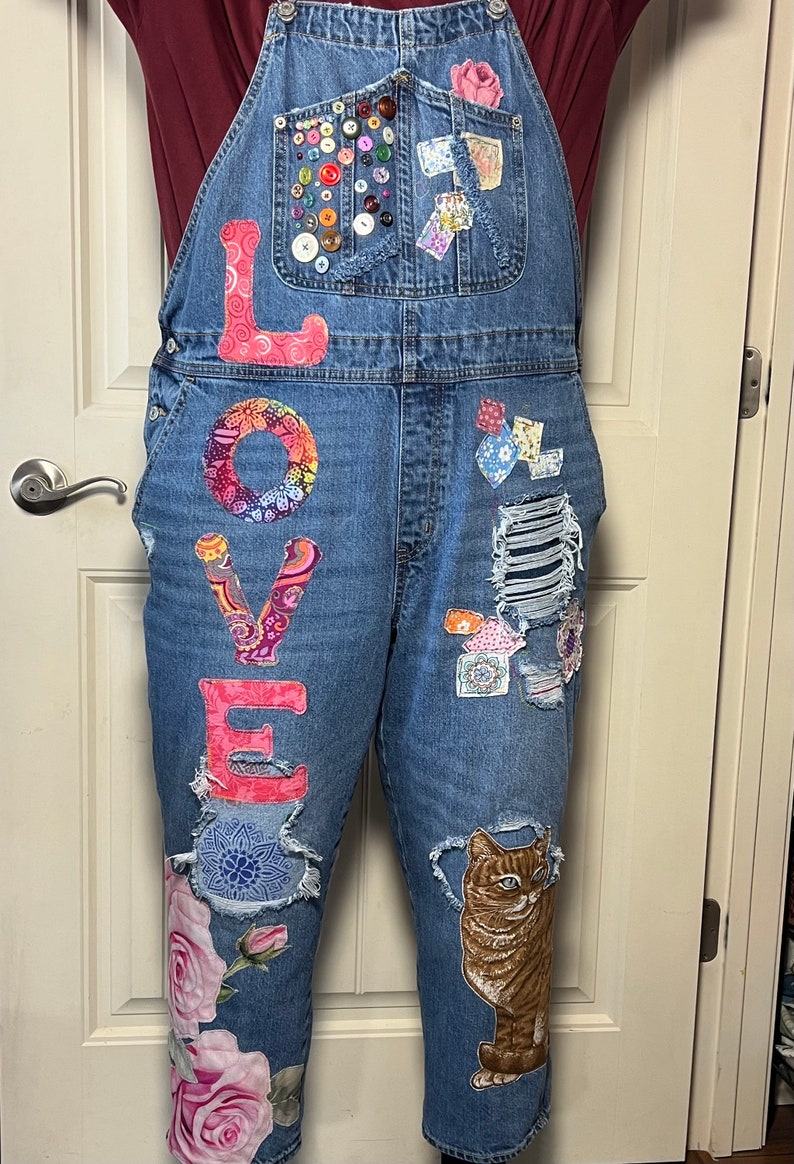 Upcycled Overalls Plus Size 20W Cotton Denim Boho Embellished Patches ...