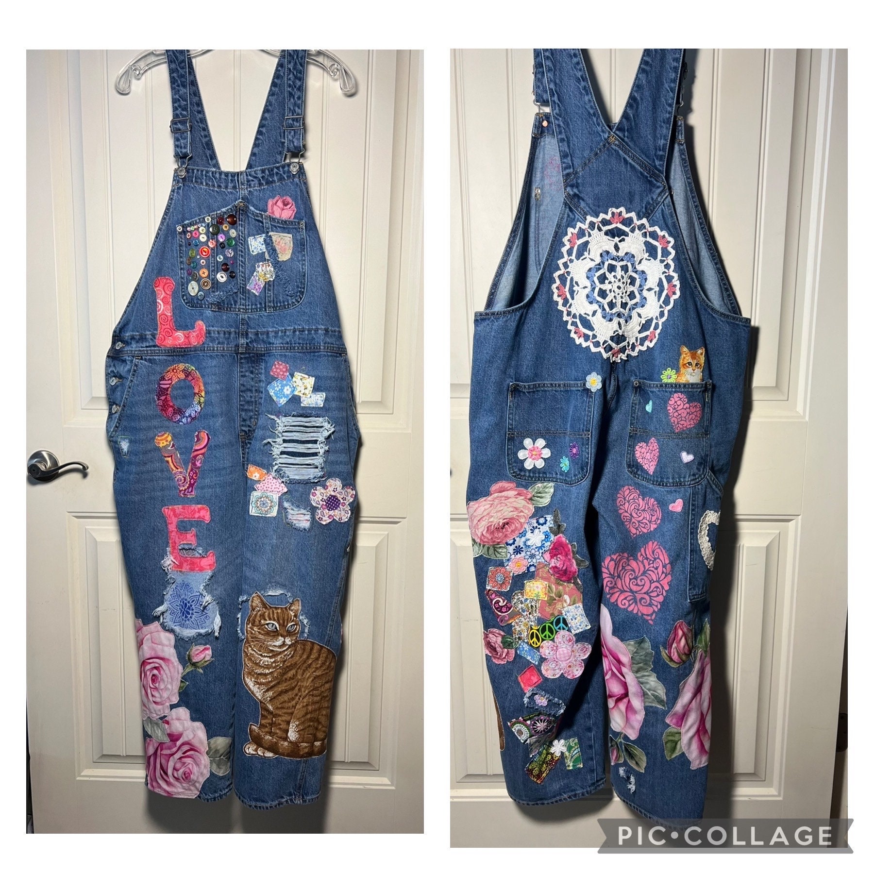 Upcycled Overalls Plus Size 20W Cotton Denim Boho Embellished Patches ...