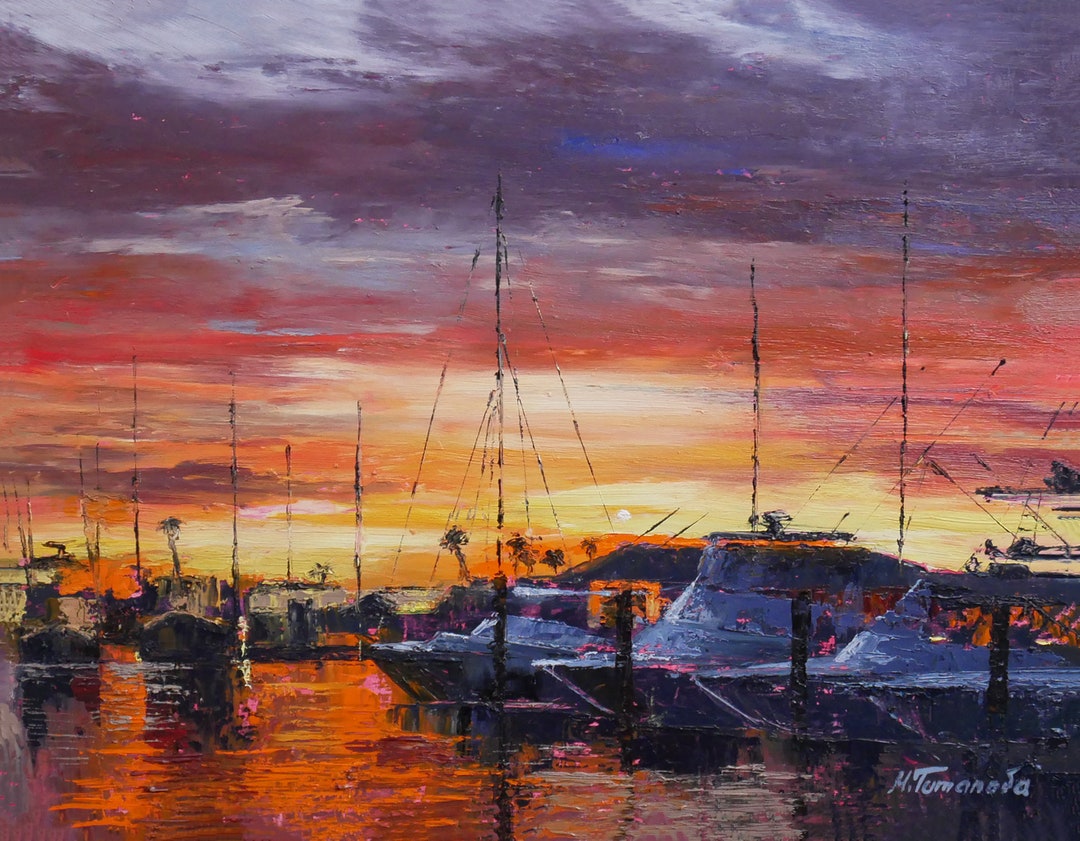 Sunset Marina Oil Painting: Boat Scenery, Original Art (11x14) - Etsy