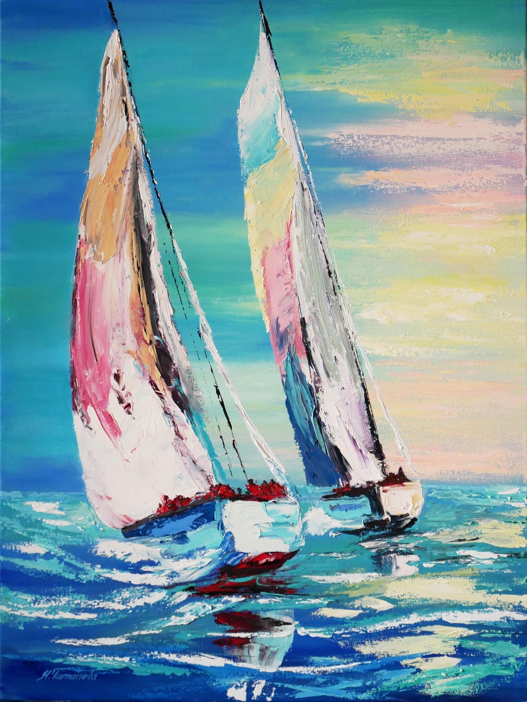 Seascape Oil Painting, Colorful Sailboat Artwork, Nautical Wall Decor ...