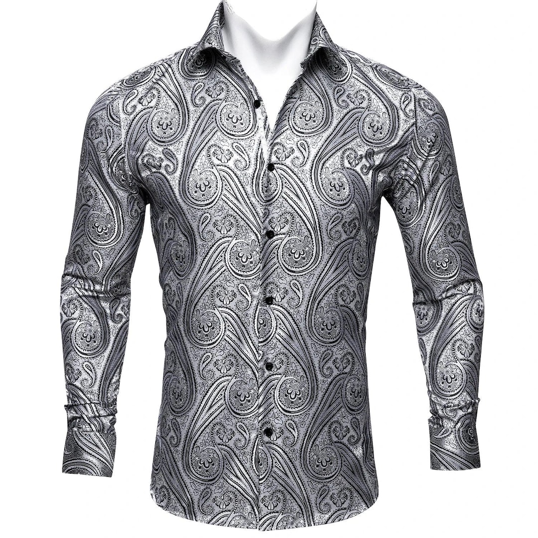 Barry.wang Luxury Black Paisley Silk Shirts Men Long Sleeve Casual ...