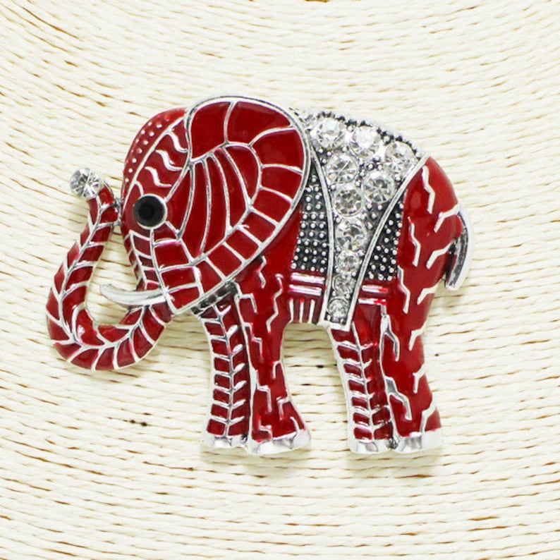 Antique Silver/red, Elephant Epoxy With Rhinestone Pin Brooch 2 - Etsy
