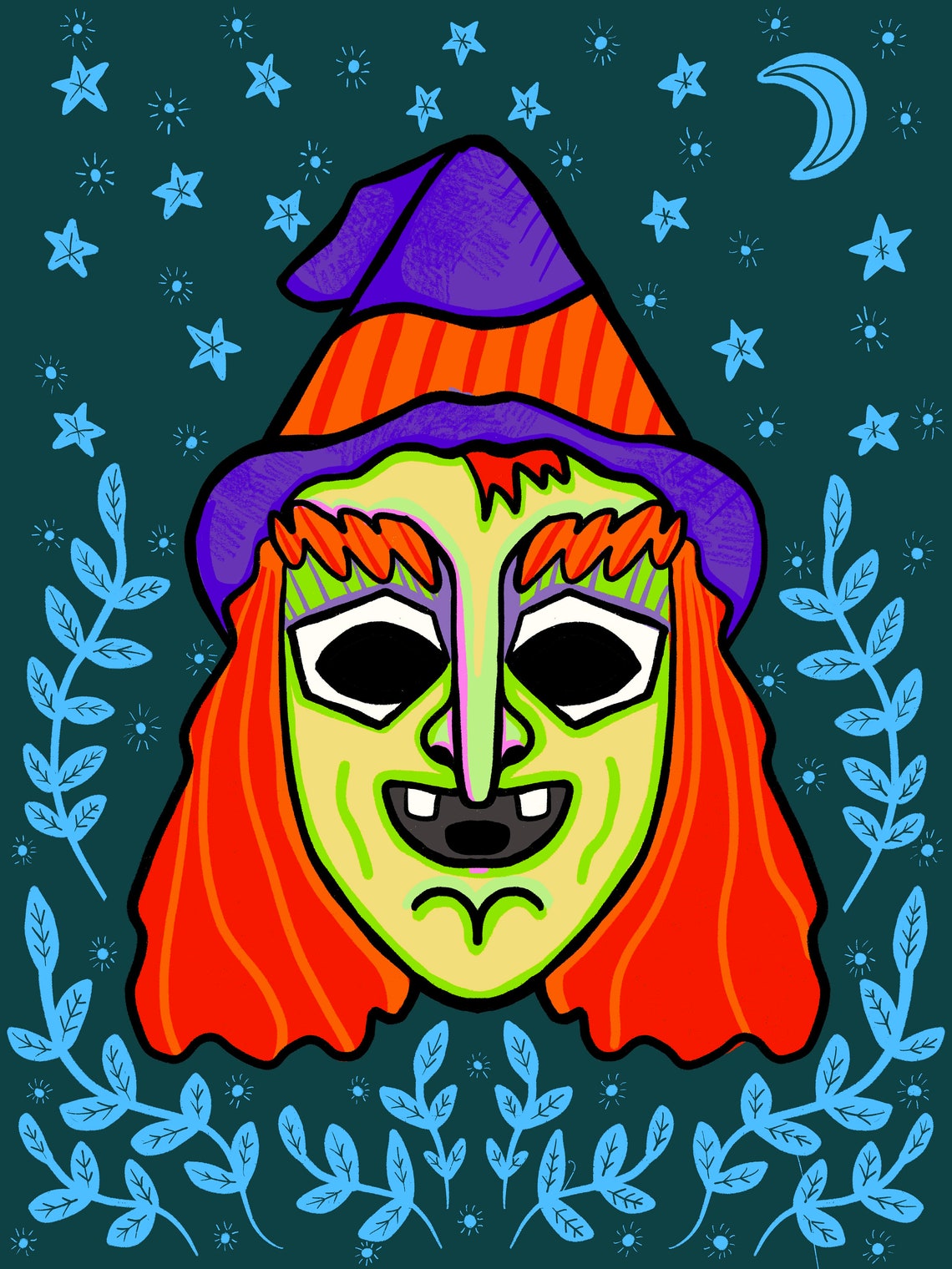 Colorful Witch Illustration. Vintage Halloween Art. Kitschy - Etsy