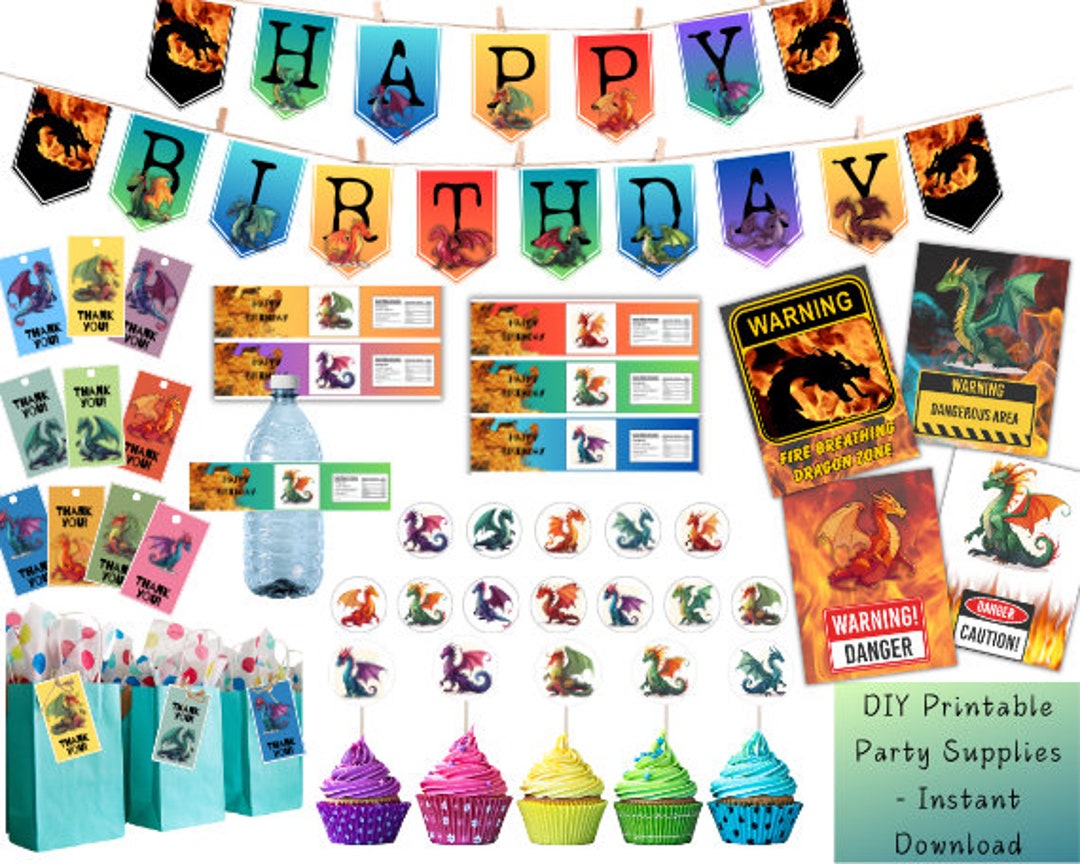 Dragon Birthday Party Decor Supplies Banner | DIY Dragon Printable ...