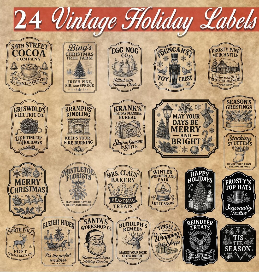 Vintage Christmas Labels | Festive Holiday PNG Prints (digital Download ...
