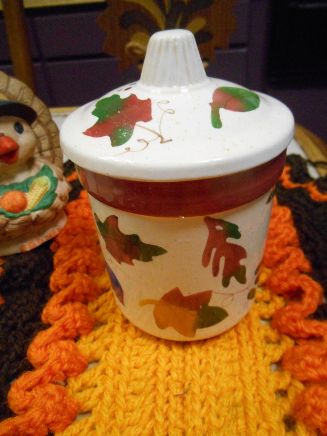6" X 4" Vintage Crock, Hallmark, Leaves Candle Holder Crock Ceramic ...
