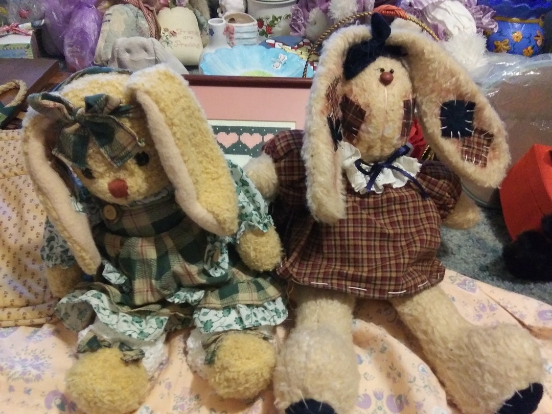 Rustic Rita Rabbit Plush Green Gingham Fabric Dress Vintage - Etsy