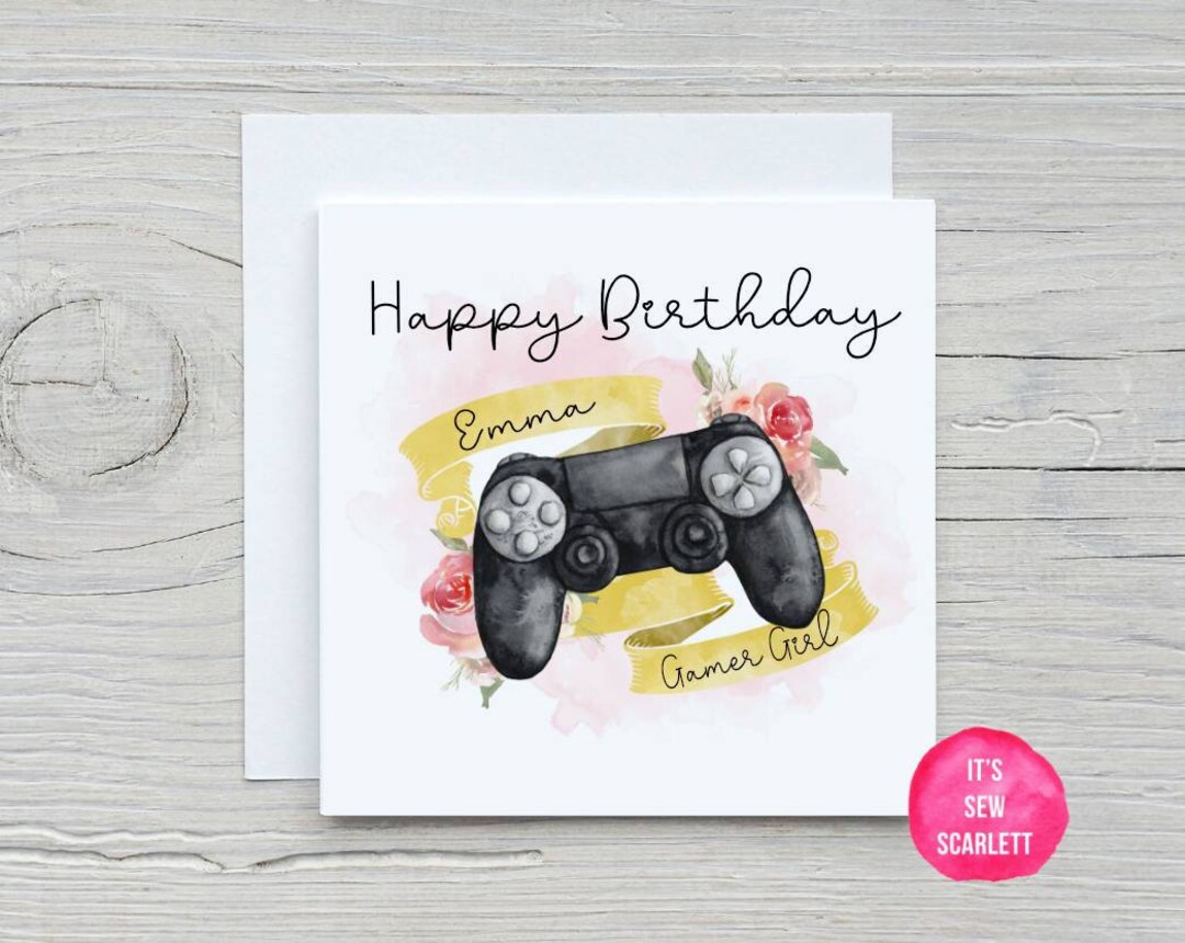 Personalised Happy Birthday Gamer Girl Card | 6x6" White Linen Square ...