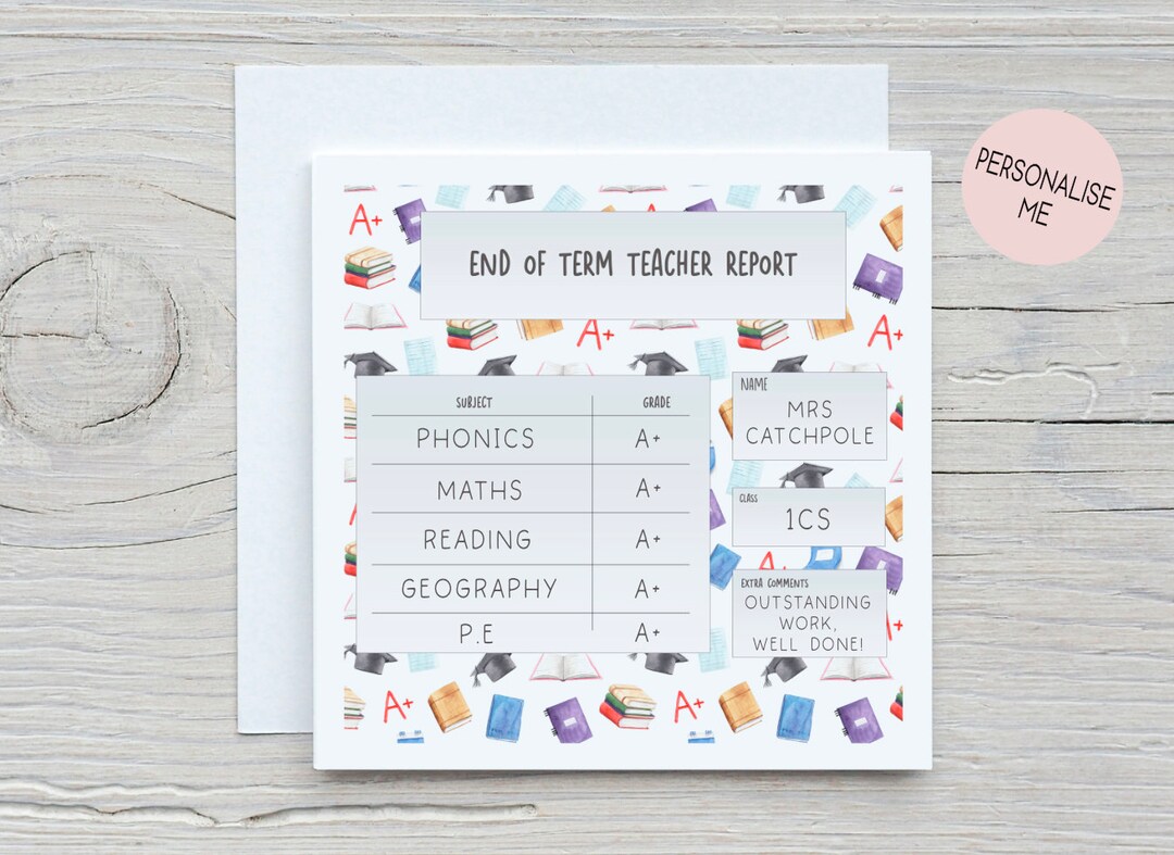 Personalised Teacher Card | End of Term Report Card | 6x6" White Linen ...
