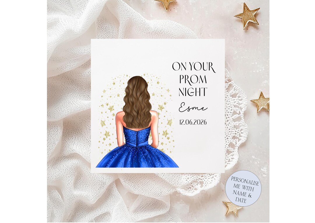 Personalised Prom Princess Card | Glitter Effect Royal Blue Dress | 6x6 ...