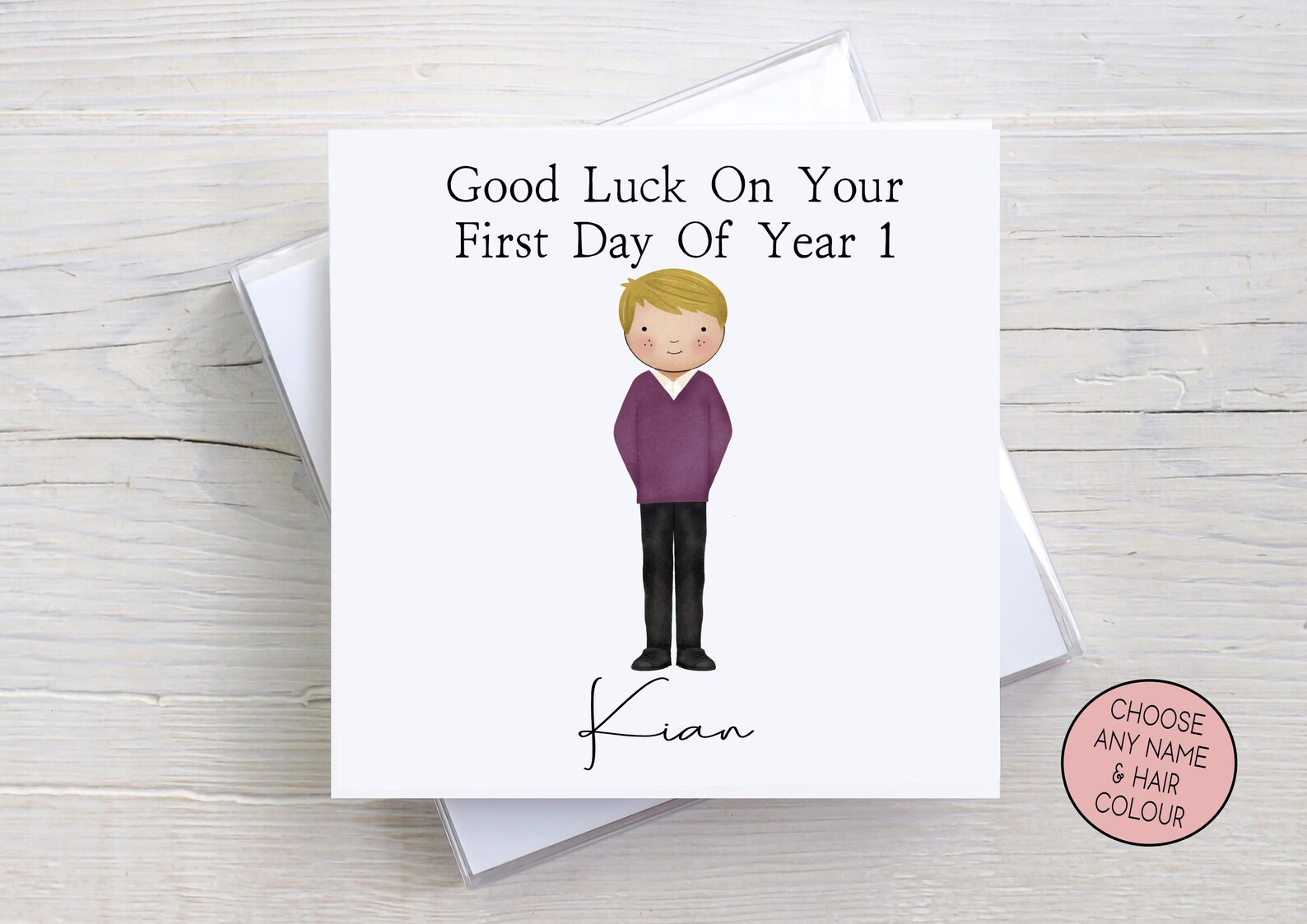 Personalised on Your First Day Card Purple Uniform Boy 6x6 Linen Square ...