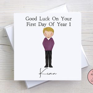 Personalised on Your First Day Card | Purple Uniform Boy | 6x6" Linen ...
