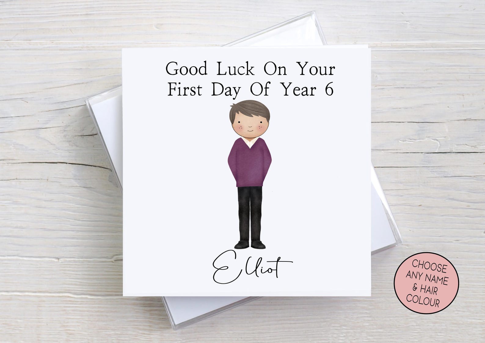 Personalised on Your First Day Card Purple Uniform Boy 6x6 Linen Square ...