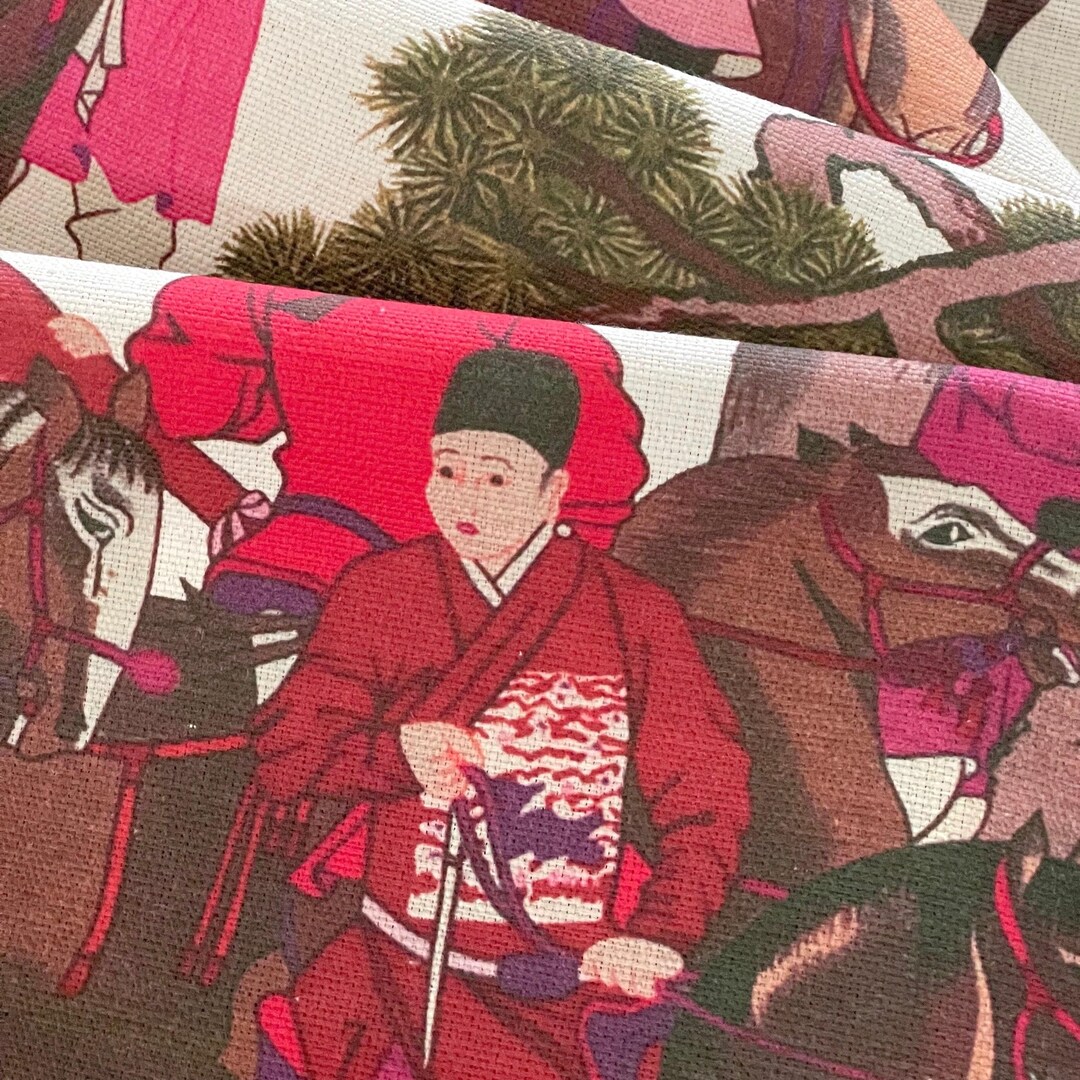 Oriental Cotton Fabric With Mongol Horsemen and Trees Red and Pink ...