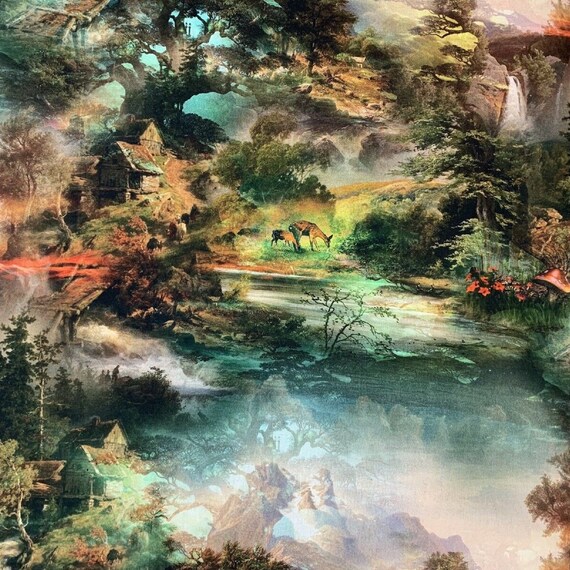 Forest Nature Deer Mountain Waterfall Printed Fabric by Meter | Etsy UK