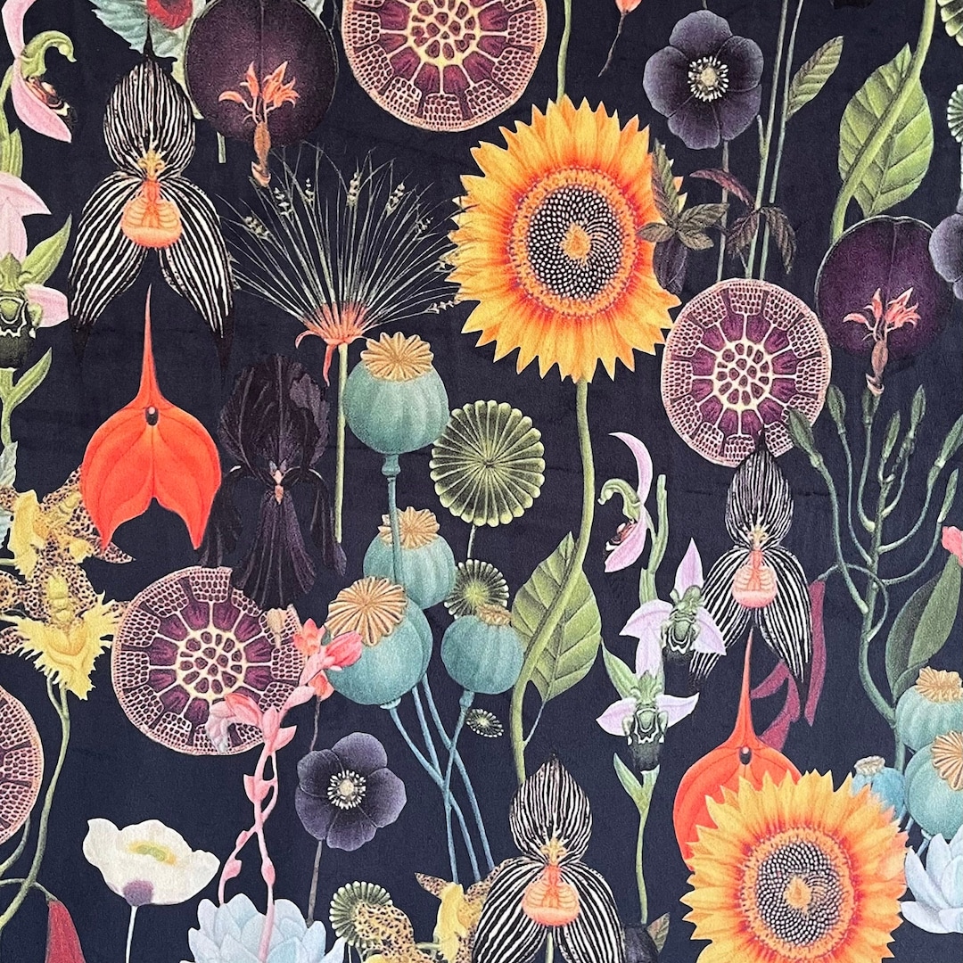 Poppy Sunflower Printed Velvet by Metre Botanical Plants Blue Black ...