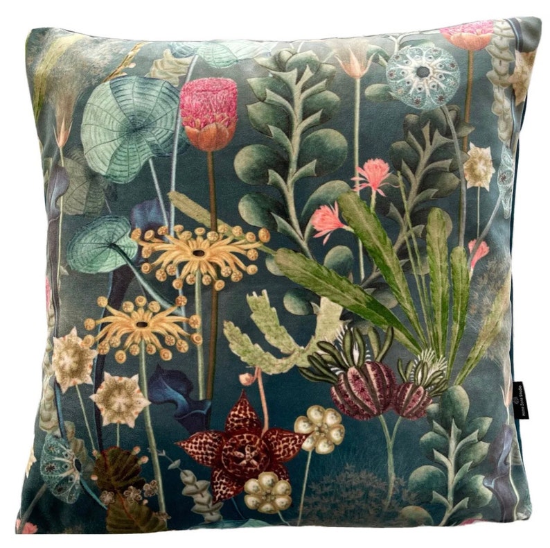 Herbarium Velvet Cushion Cover Botanical Teal Green Pink Yellow Blue ...