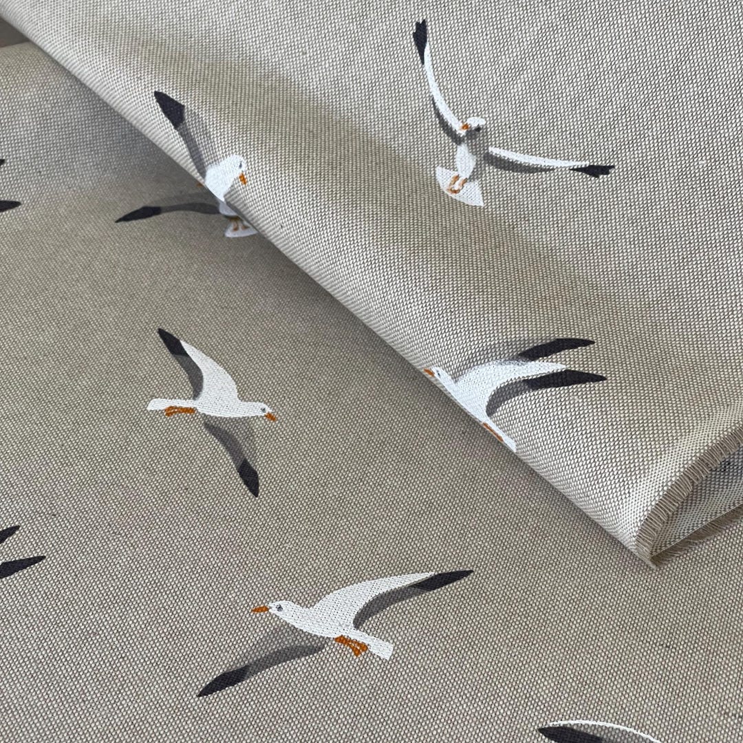 Nautical Seagull Flying Fabric – Linen-look Black & White Birds for ...