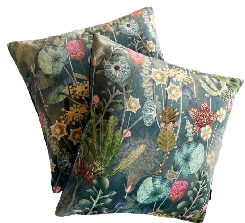 Herbarium Velvet Cushion Cover Botanical Teal Green Pink Yellow Blue ...
