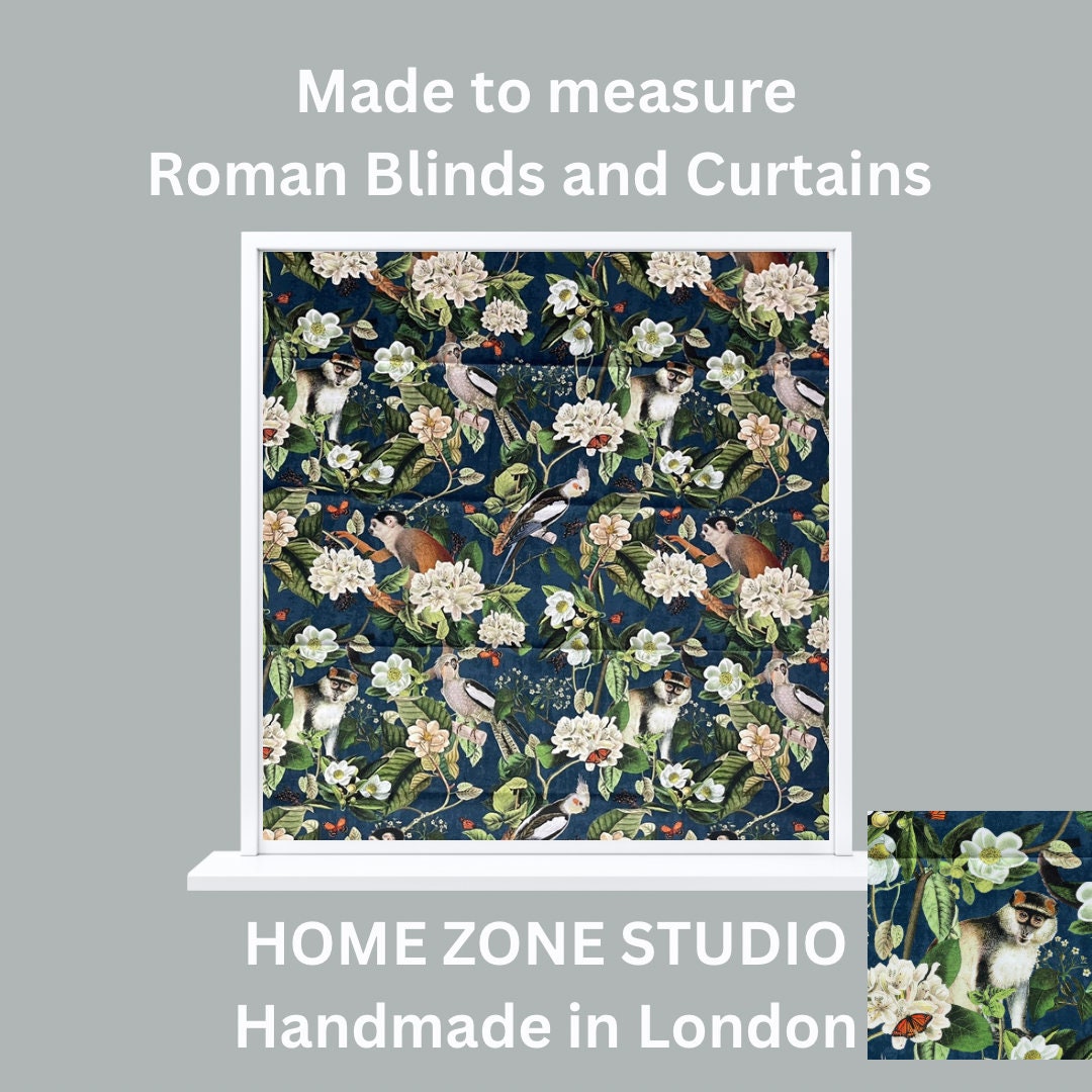 Dark Blue Roman Blinds / Jungle Birds Monkeys Flowers / Custom Made to ...