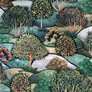 Hills Apple Trees Forest Art Craft Printed Cotton Fabric Home Decor ...