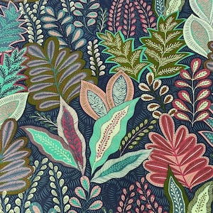 Botanical Garden Blue Fabric Forest Plants Leaves Printed Cotton Sold ...