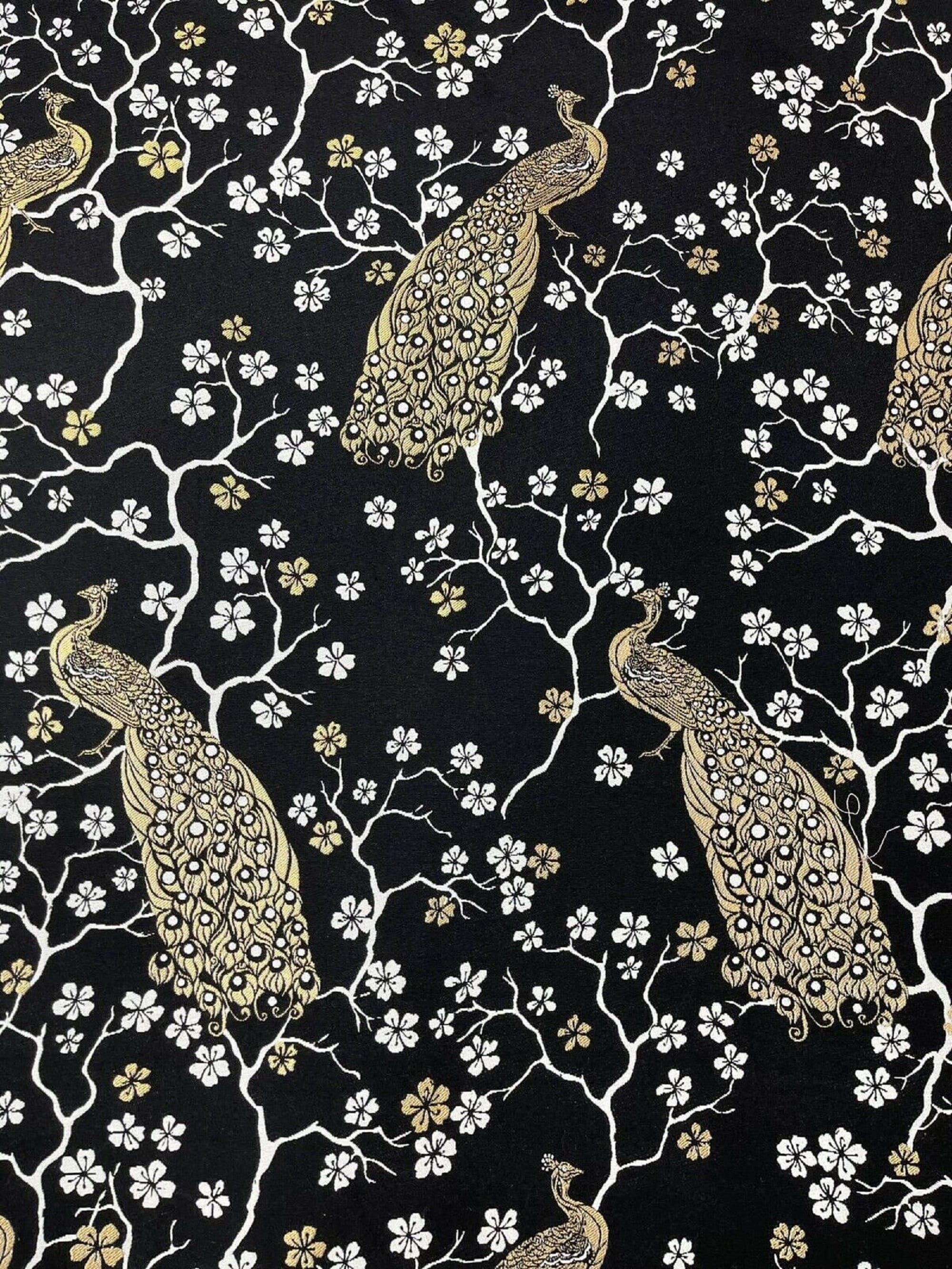Golden Peacock Bird Flowers Tree Japanese Motif Woven Fabric | Etsy