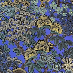 Royal Blue Cotton Fabric Botanical Floral Pattern Tree of Life ...