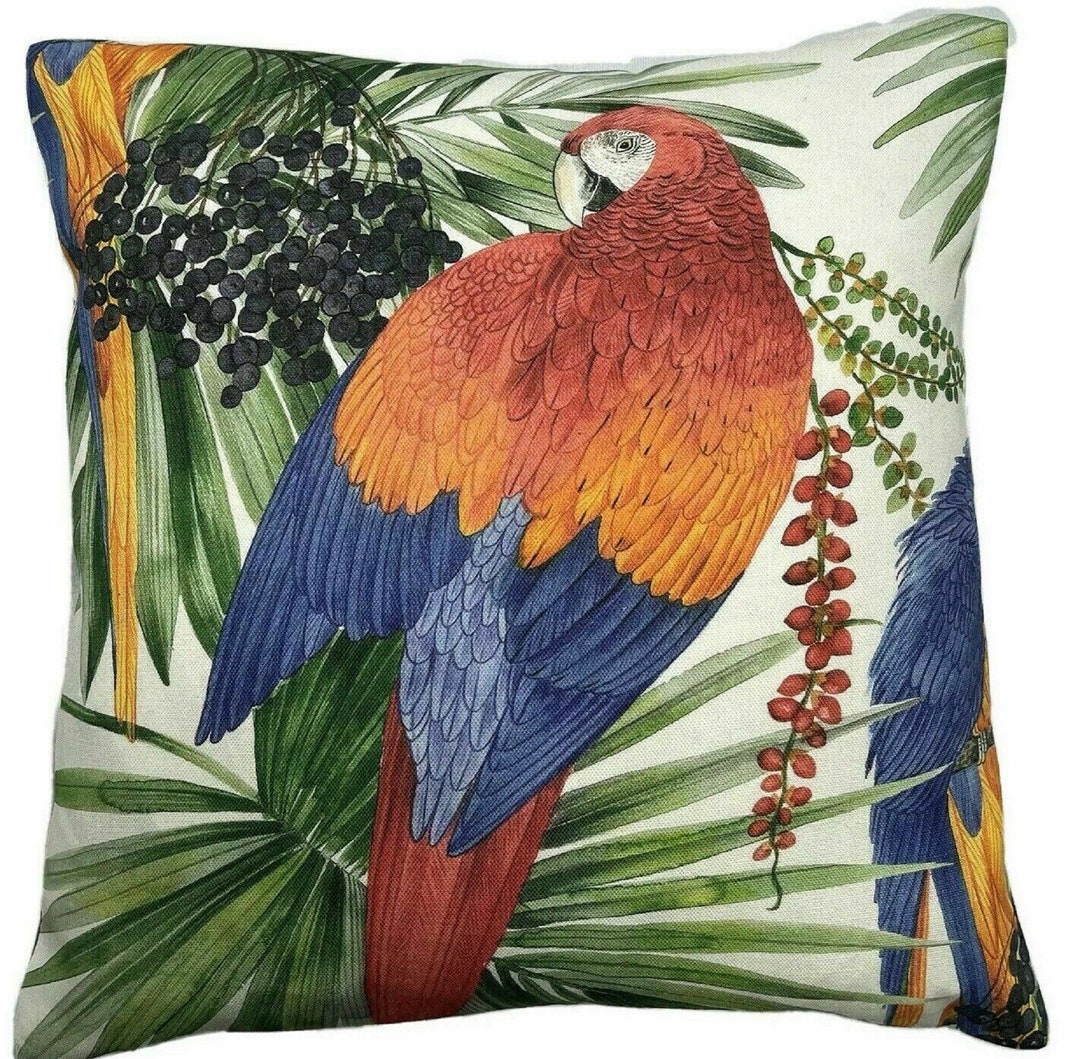 Tropical Parrots Cushion Cover Bird Palm Tree Leaves Botanical Pillow ...