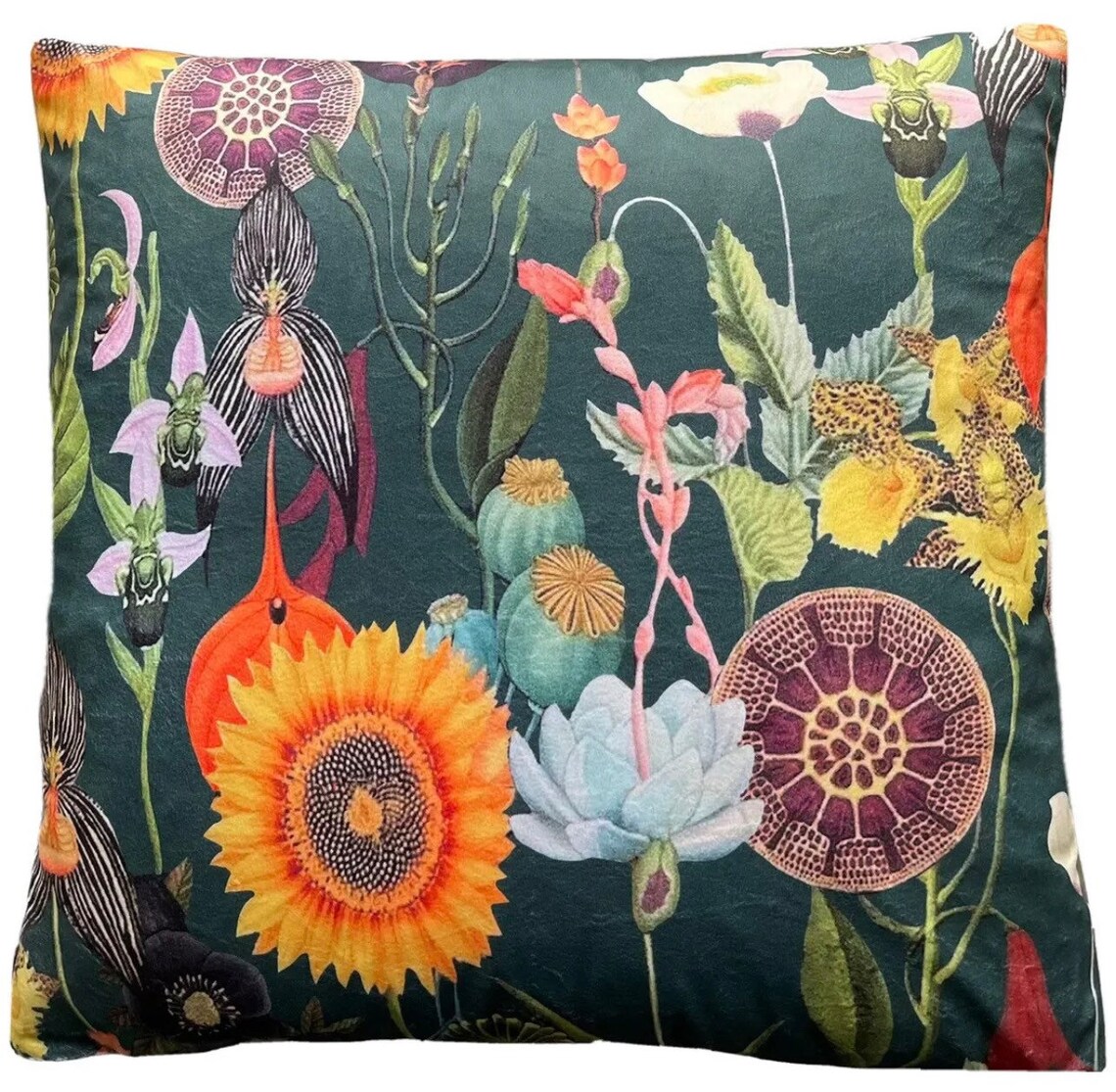 Poppy Cushion Cover Sunflowers Botanical Velvet Retro Design Green Dark ...